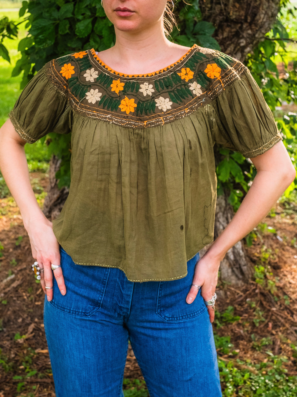 Vintage 1970s Green & Orange Floral Embroidered Peasant Blouse | S/M ...